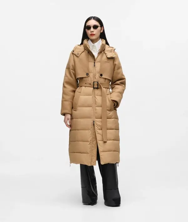 Karl Lagerfeld Belted Long Puffer Jacket - Nougat