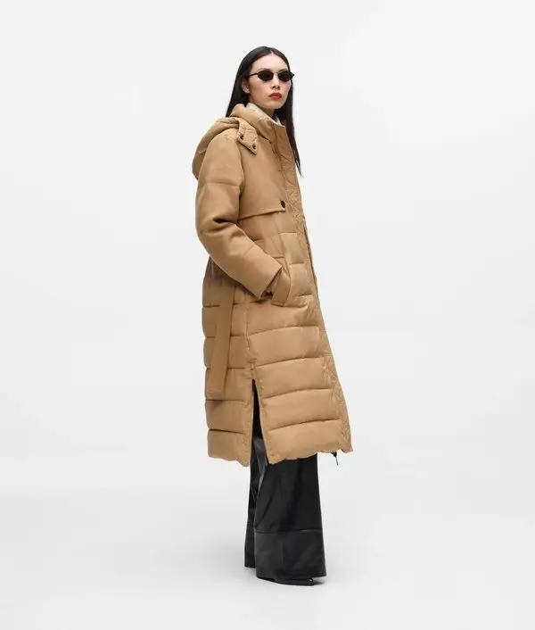 Karl Lagerfeld Belted Long Puffer Jacket - Nougat
