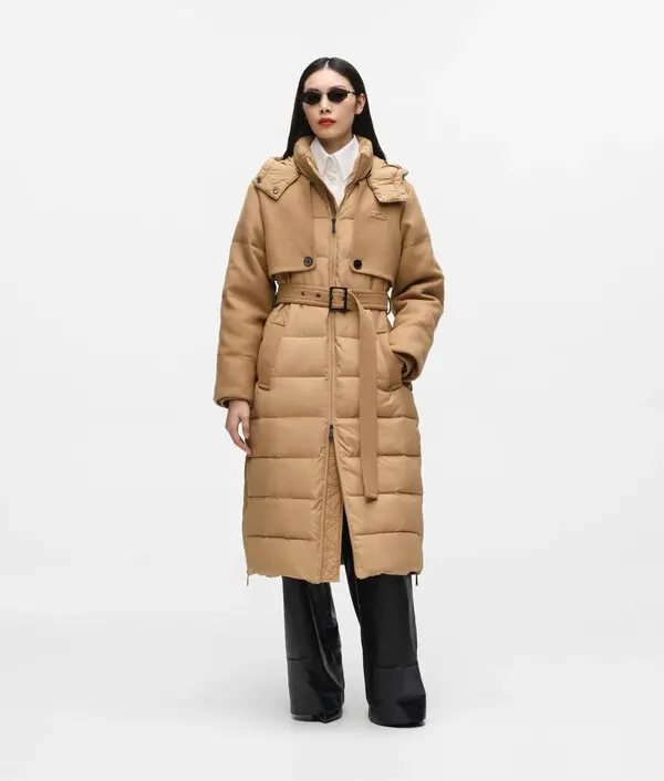 Karl Lagerfeld Belted Long Puffer Jacket - Nougat
