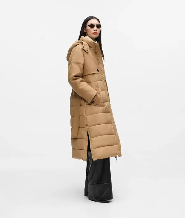 Karl Lagerfeld Belted Long Puffer Jacket - Nougat