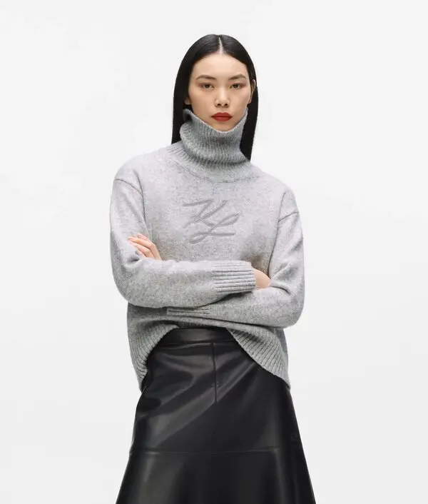 Karl Lagerfeld Turtleneck Sweater With Signature Embroidery - Light Grey Mel