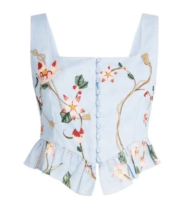 Agua Bendita Linen Floral Embroidered Peplum Corset Top