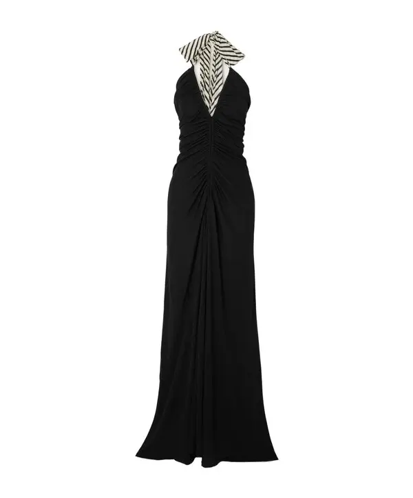 PETAR PETROV Striped Satin-trimmed Gathered Jersey Halterneck Maxi Dress - No