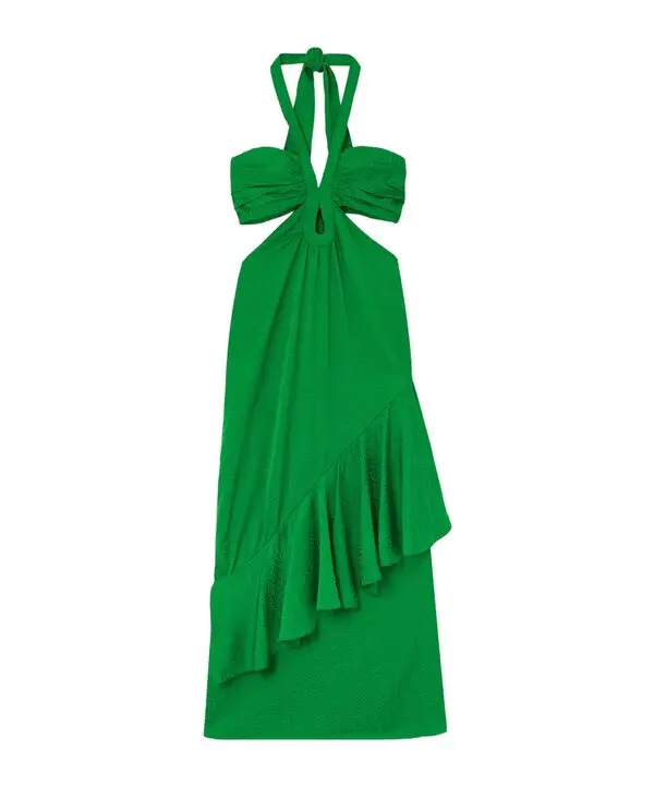 Johanna Ortiz Ruffled Cutout Satin-jacquard Halterneck Midi Dress - Green