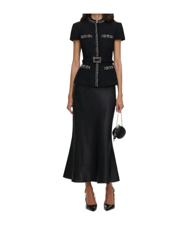 SELF-PORTRAIT Boucle Crystal Trim Satin Midi Dress - Black