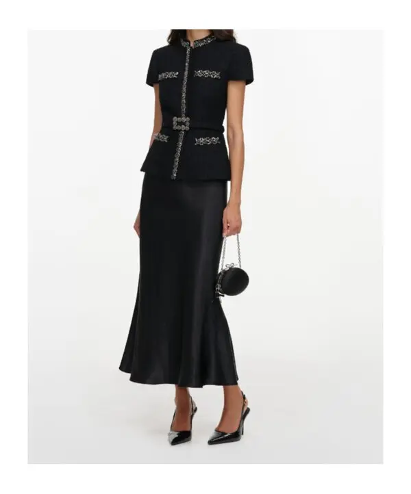 SELF-PORTRAIT Boucle Crystal Trim Satin Midi Dress