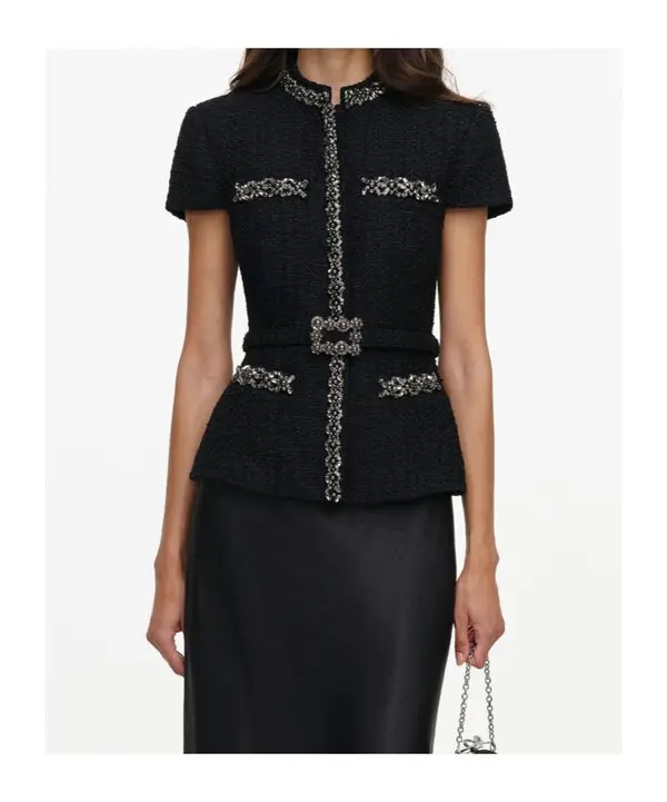 SELF-PORTRAIT Boucle Crystal Trim Satin Midi Dress