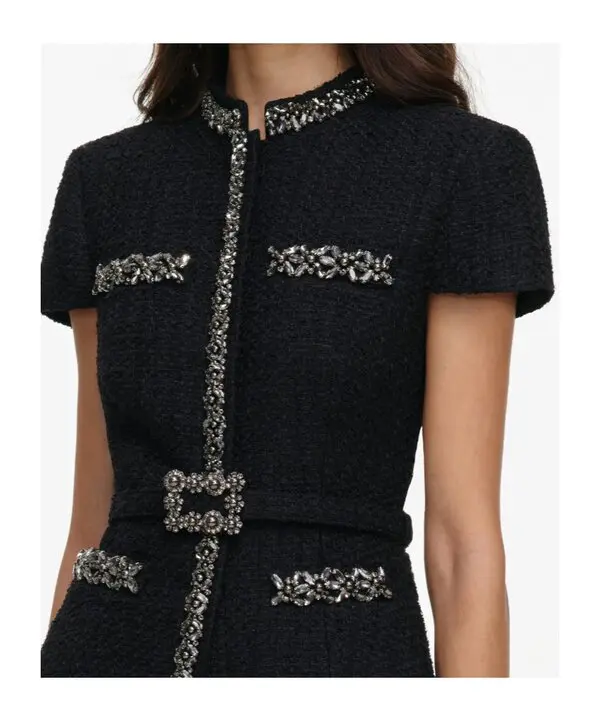 SELF-PORTRAIT Boucle Crystal Trim Satin Midi Dress