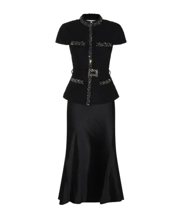SELF-PORTRAIT Beaded Trim Peplum Dress - Black