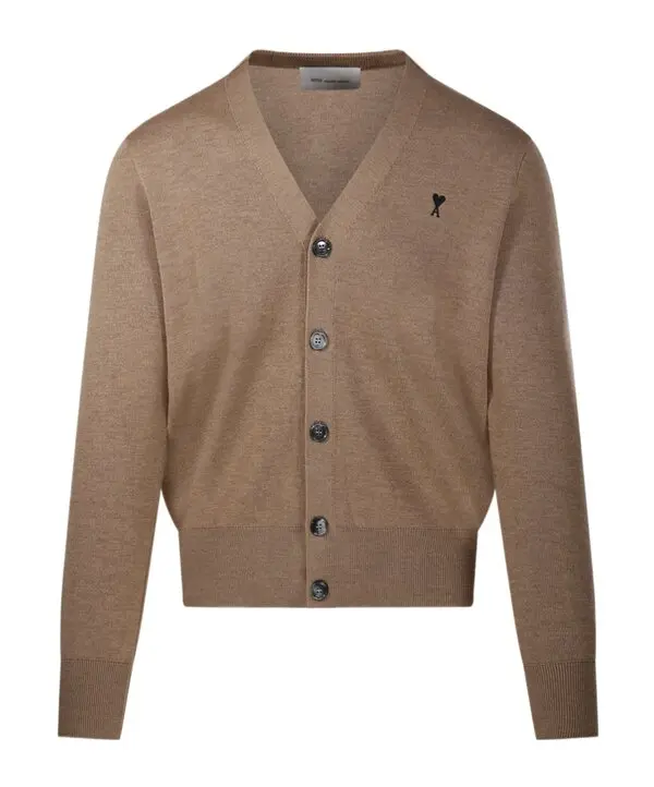 AMI Paris V-neck Cardigan With Embroidered Logo - Brown