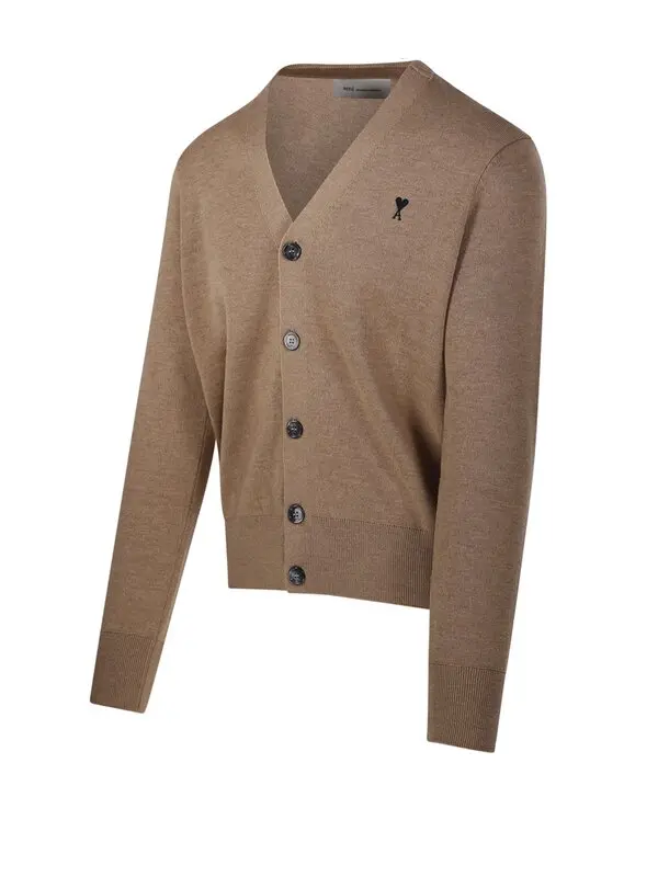 AMI Paris V-neck Cardigan With Embroidered Logo - Brown