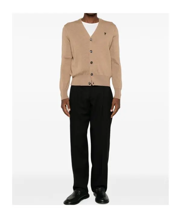 AMI Paris V-neck Cardigan With Embroidered Logo - No
