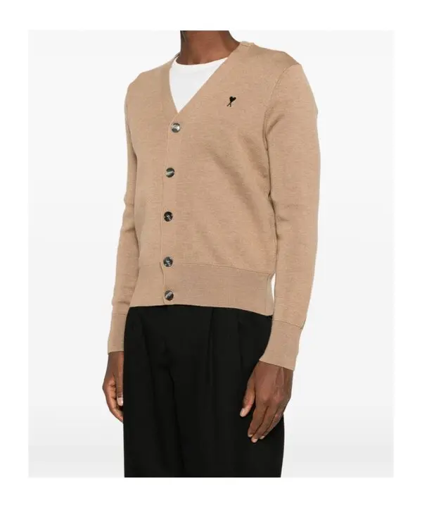 AMI Paris V-neck Cardigan With Embroidered Logo - No