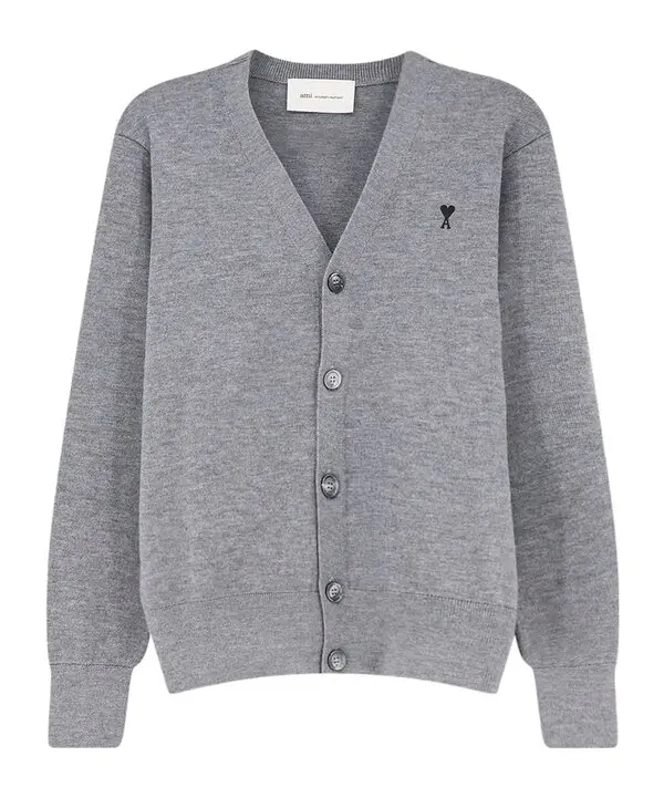 AMI Paris V-neck Embroidered Cardigan - Grey