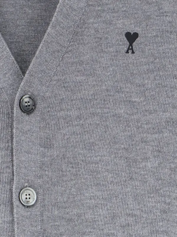 AMI Paris V-neck Embroidered Cardigan - Grey