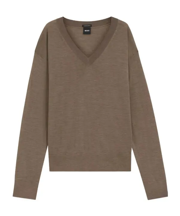 Hugo Boss V-neck Sweater In Merino Wool - Brown
