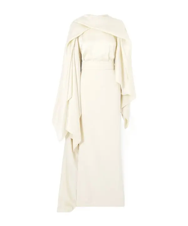 Solace Cape-effect Belted Satin And Crepe Gown - White