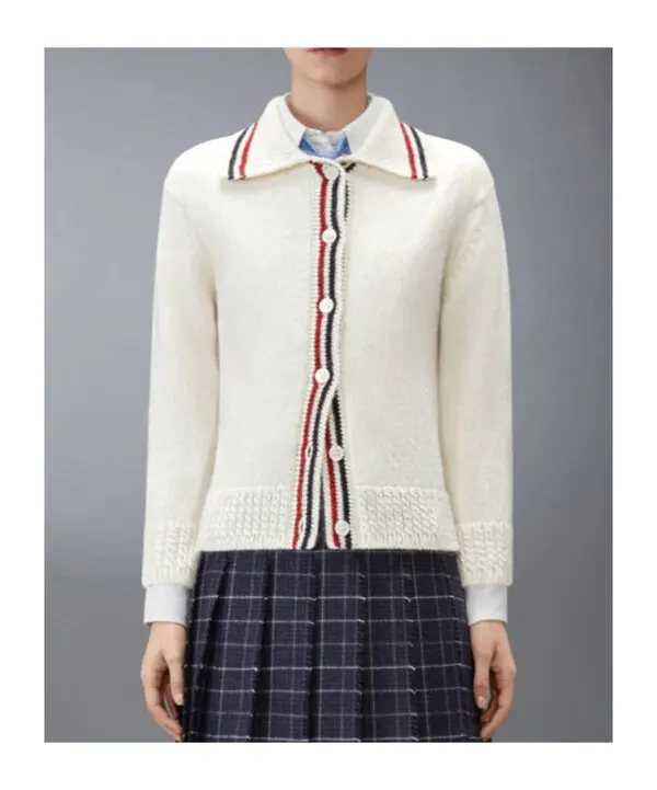 Thom Browne Cardigan With Striped Collar And Dachshund Applique - White