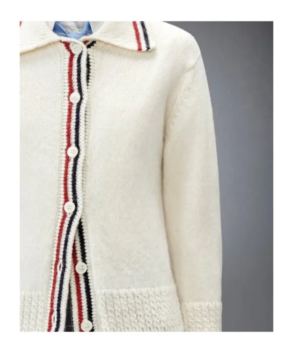 Thom Browne Cardigan With Striped Collar And Dachshund Applique - White