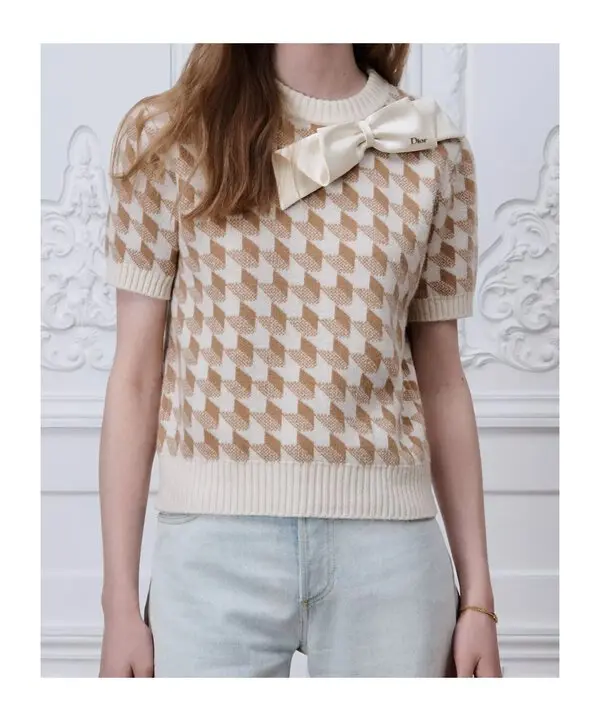 Dior Short-sleeve Sweater With Satin Bow - Off-white/orange