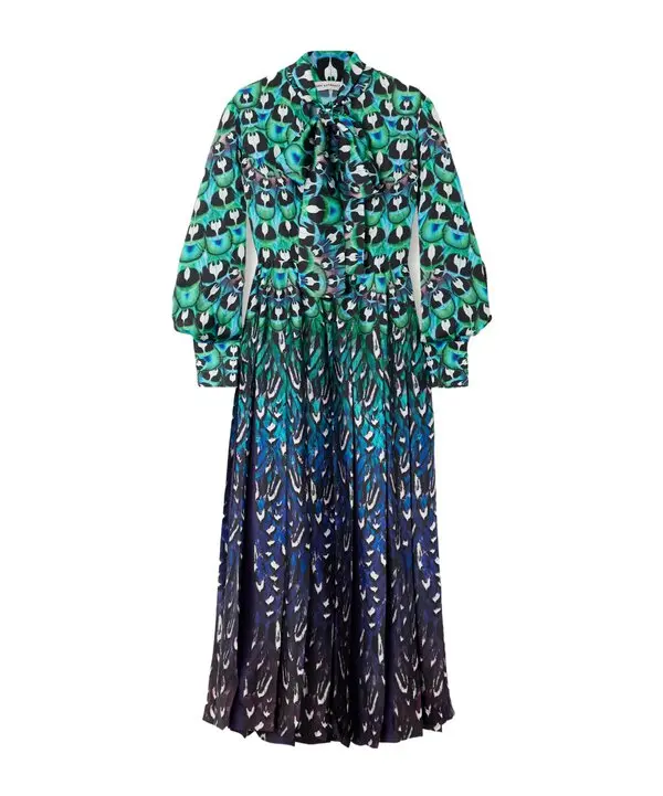 MARY KATRANTZOU Bow Pleated Printed Satin Midi Dress