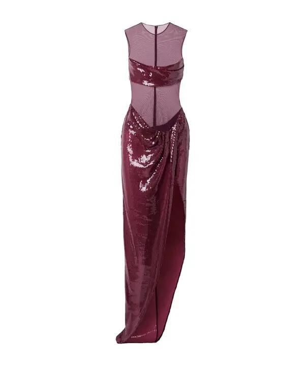 Alex Perry Asymmetric Paneled Draped Sequined Tulle Gown