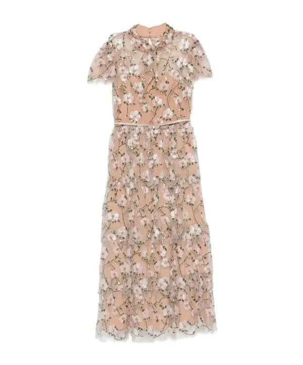 SELF-PORTRAIT Short Sleeve Embroidered Tiered Midi Dress - Pink