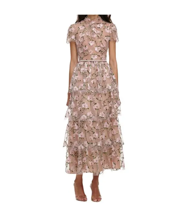 SELF-PORTRAIT Short Sleeve Embroidered Tiered Midi Dress