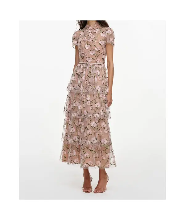 SELF-PORTRAIT Short Sleeve Embroidered Tiered Midi Dress