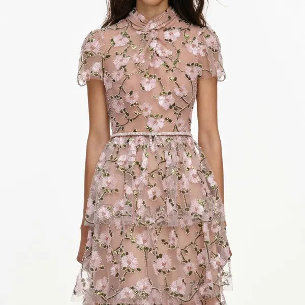 SELF-PORTRAIT Short Sleeve Embroidered Tiered Midi Dress