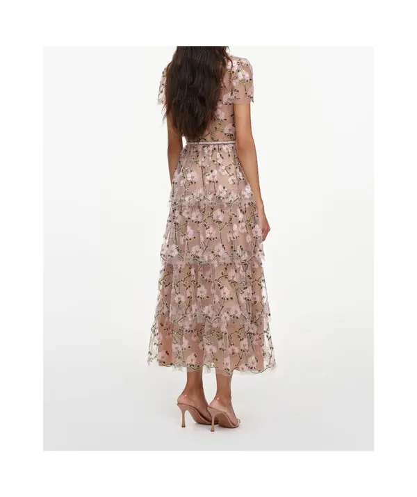 SELF-PORTRAIT Short Sleeve Embroidered Tiered Midi Dress
