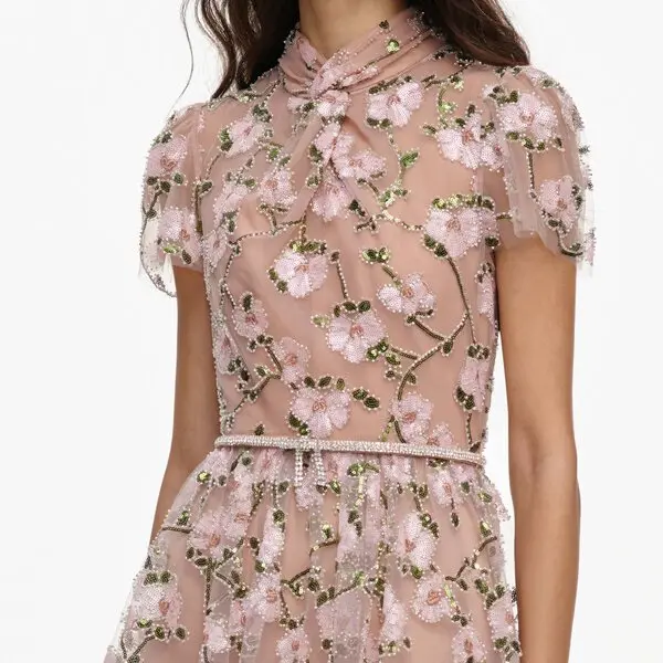 SELF-PORTRAIT Short Sleeve Embroidered Tiered Midi Dress