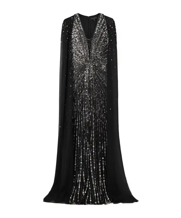 Jenny Packham Cape-effect Embellished Chiffon Gown