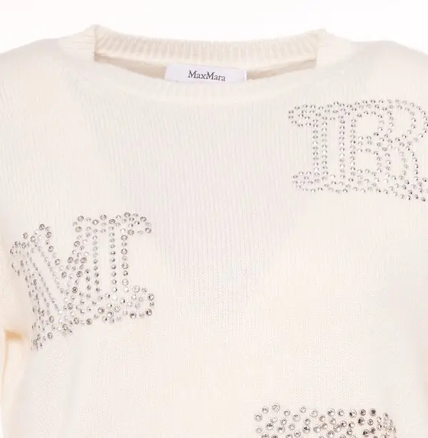 Max Mara Cashmere Long-sleeved Sweater With Embellished Lettering - White