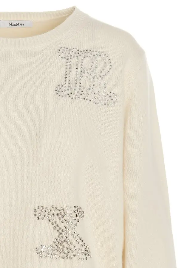 Max Mara Cashmere Long-sleeved Sweater With Embellished Lettering - White