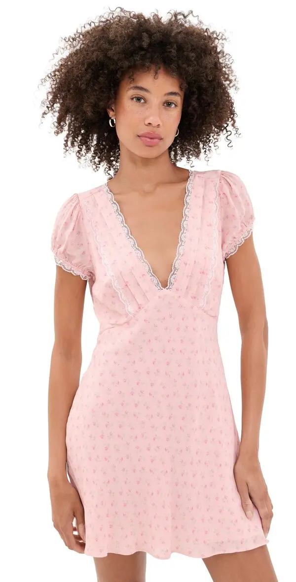 LoveShackFancy Yasmin Mini Dress With Floral Print And Lace Trim - Calico Peach