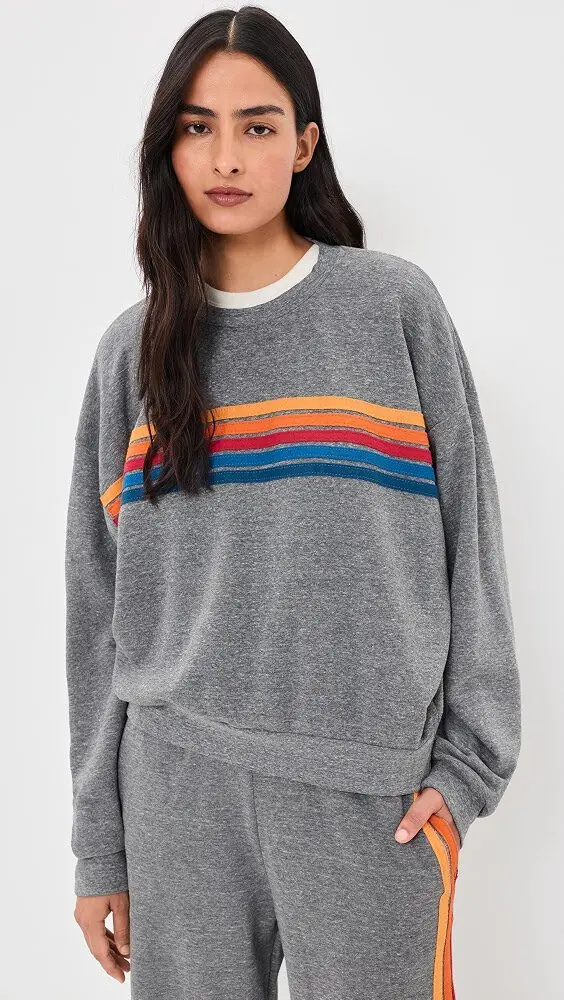 Aviator Nation 5 Stripe Relaxed Crew Sweatshirt - Heather Grey