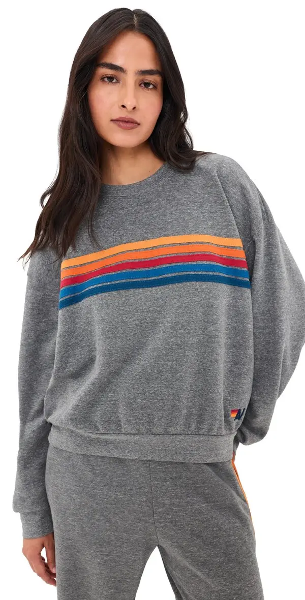 Aviator Nation 5 Stripe Relaxed Crew Sweatshirt - Heather Grey