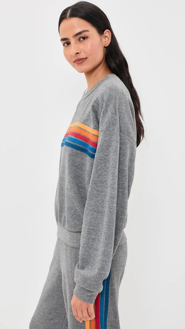 Aviator Nation 5 Stripe Relaxed Crew Sweatshirt - Heather Grey