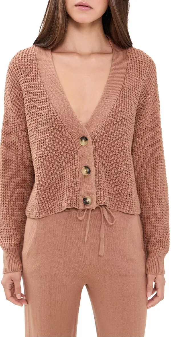 Eberjey Cropped Waffle Knit Cardigan - Hazelnut
