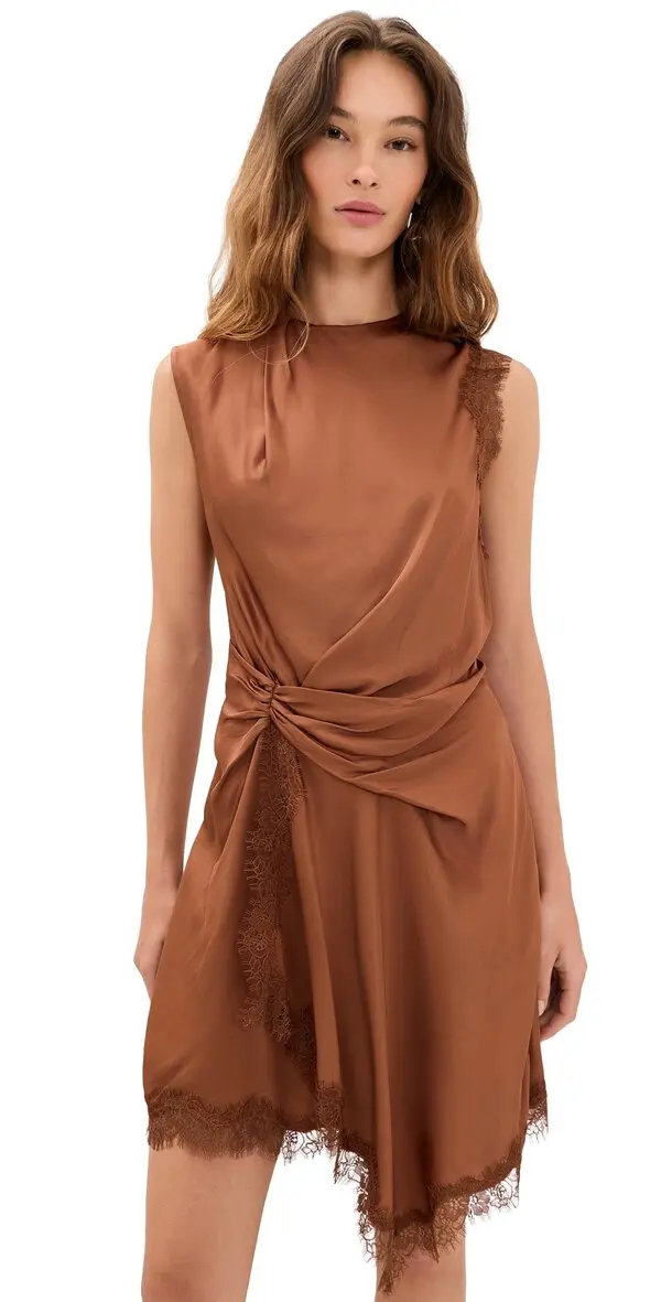 A.L.C. Dion Ruched Satin Dress With Lace Trim - Light Chestnut