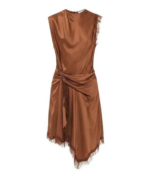 A.L.C. Dion Ruched Satin Dress With Lace Trim - Light Chestnut