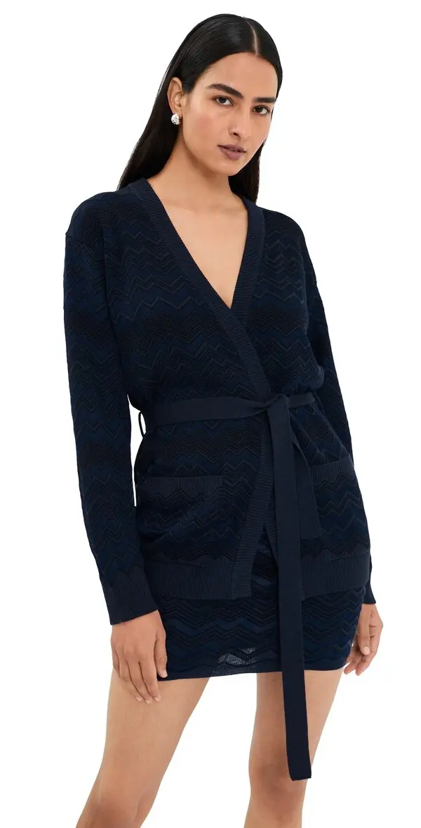 Missoni Belted Cardigan With V-neck - Solid Navy Blue
