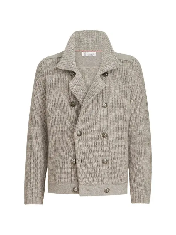 Brunello Cucinelli Ribbed Shawl Collar Double-breasted Cardigan - Grey