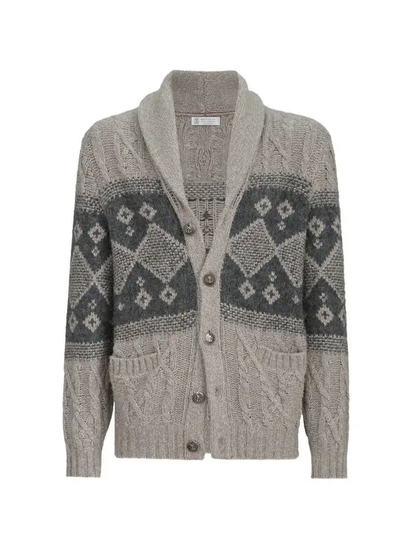 Brunello Cucinelli Wool And Silk Blend Shawl Collar Cardigan - Grey