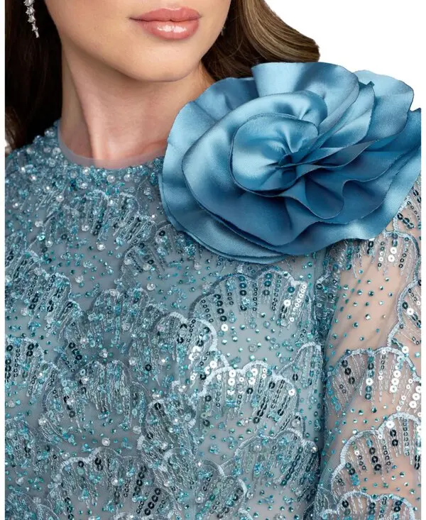 Mac Duggal Embroidered Long Sleeve Flower Detail Gown
