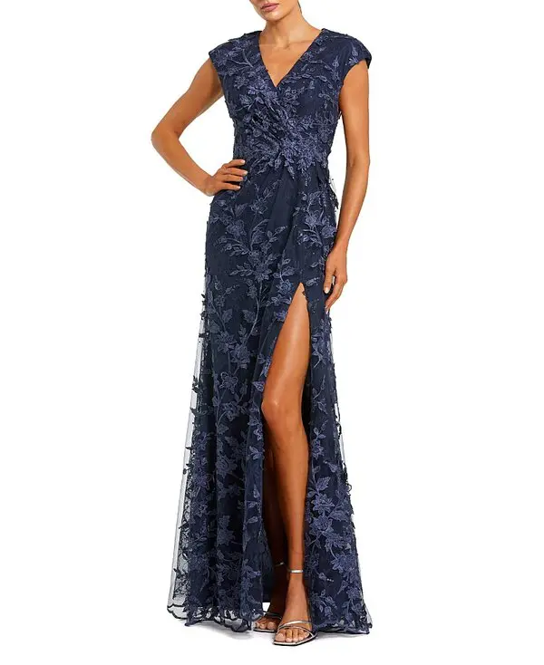 Mac Duggal Petite Faux Wrap Embroidered Cap Sleeve Gown - Midnight