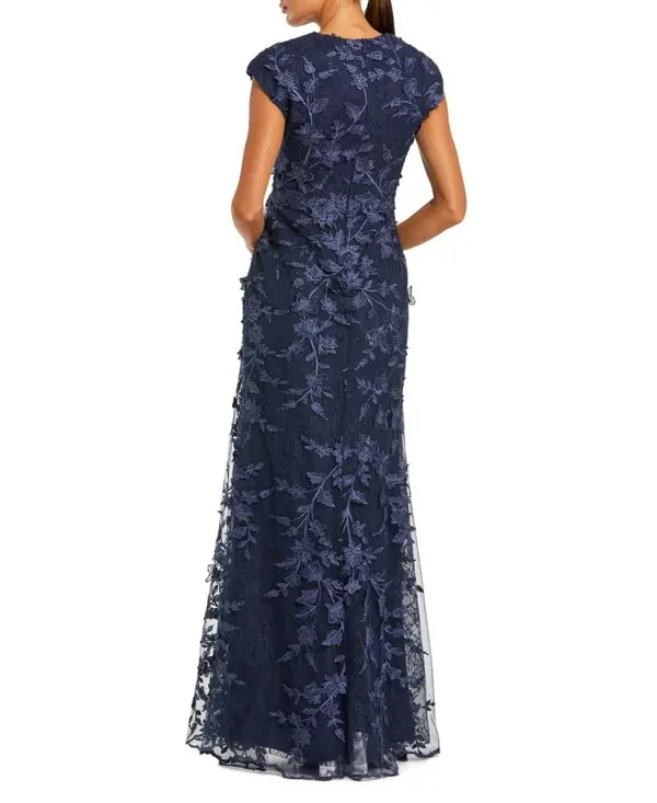 Mac Duggal Petite Faux Wrap Embroidered Cap Sleeve Gown - Midnight