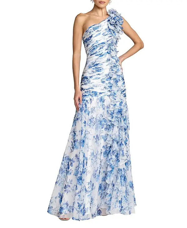 Mac Duggal Petite Ruched Floral Chiffon Gown With 3d Ruffles