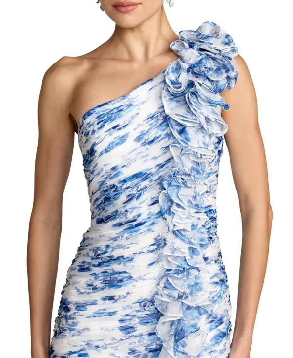 Mac Duggal Petite Ruched Floral Chiffon Gown With 3d Ruffles